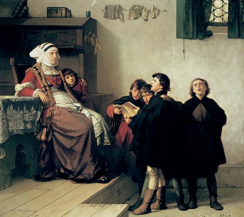 O jovem Lutero canta diante da senhora Ursula Cotta em Eisenach ...